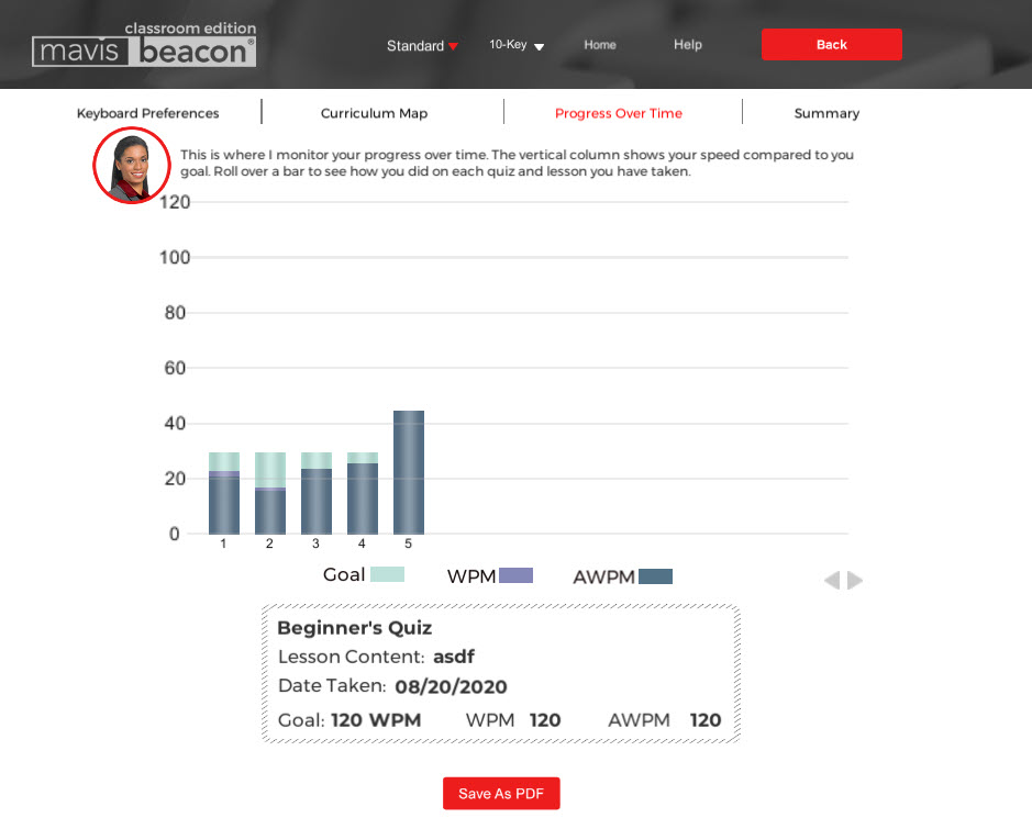 Progress Over Time - Mavis Beacon Teaches Typing Classroom Edition Userguide